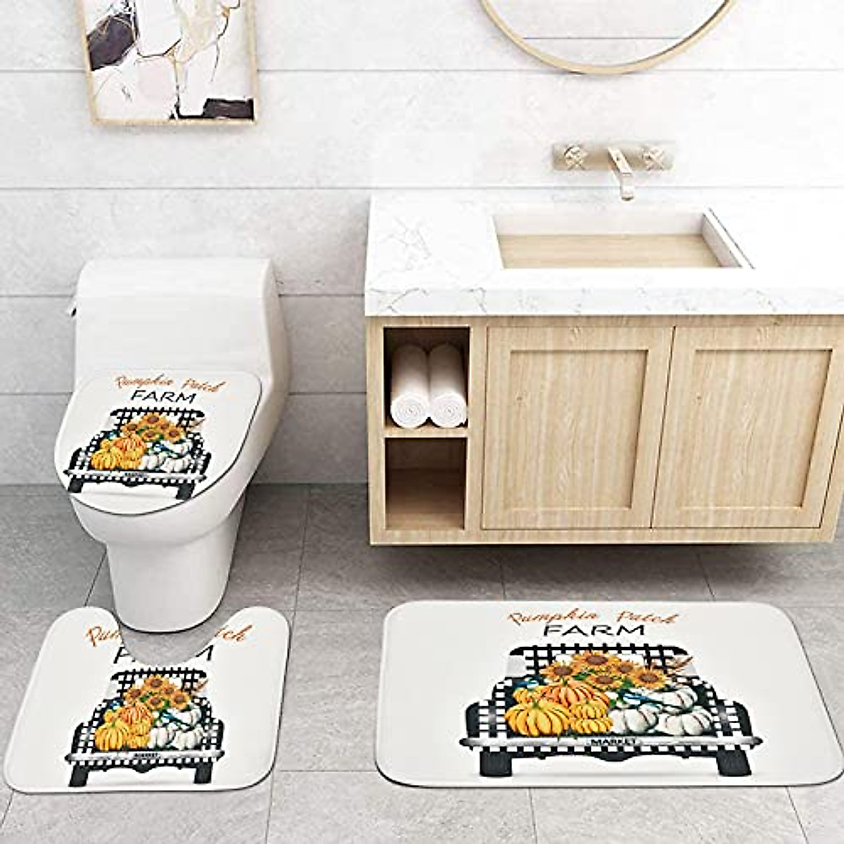 Ikfashoni 4Pcs Fall Shower Curtain Set with Non-Slip Rugs, Toilet Lid Cover and Bath Mat, Thanksgiving Farmhouse Truck Shower Curtain with 12 Hooks, Autumn Pumpkin Shower Curtain for Bathroom