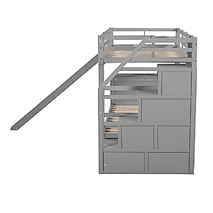 Harper & Bright Designs Twin Over Twin Bunk Bed with Stairs, Slide, Desk, Solid Wood Bunk Bed with Storage Drawers and Shelves, for Kids Teens Adults (Gray)