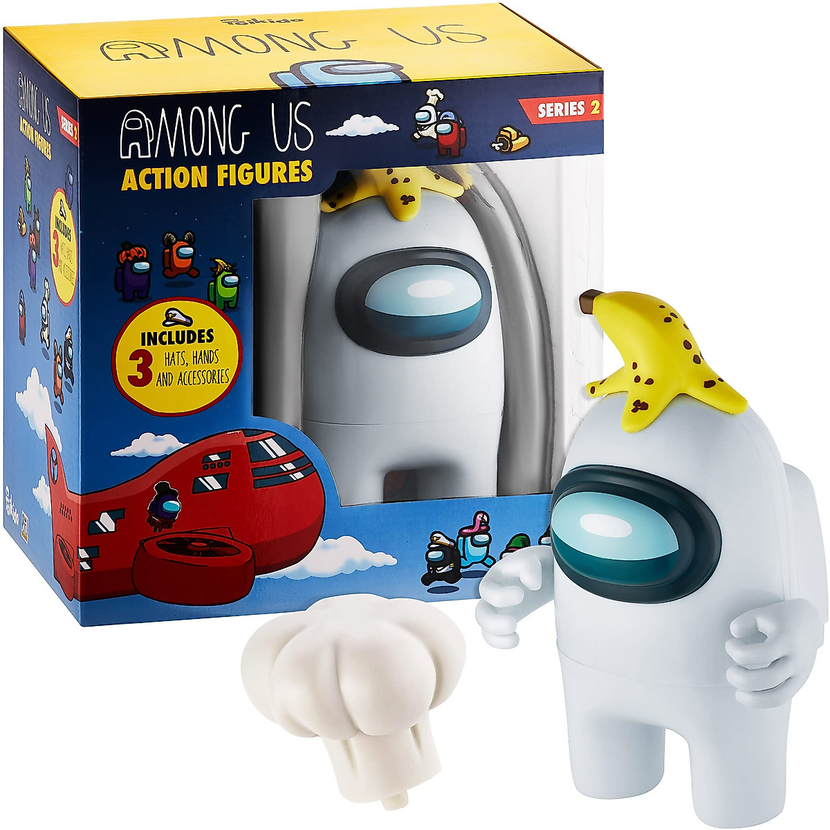 P.M.I. Among Us Action Figure |One of Four 6.7-Inch-Tall Collectibles | Among Us Toys and Playable Mini Toys | White Crewmate in The Spotted Peeled Banana Hat with Hidden Hat and Hands | Kids’ Toys