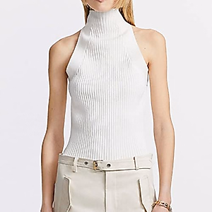 SAFRISIOR Women Sexy Hollow Out Twist Front Knitted Tank Tops Sleeveless High Neck Cut Out Sweater Vest White