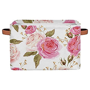 Pardick 2Pack Floral Flower Rose Large Collapsible Storage Bins,Pink Roses Decorative Canvas Fabric Storage Boxes Organizer with Handles，Rectangular Shelves Baskets Box for Home Office Nursery Closet