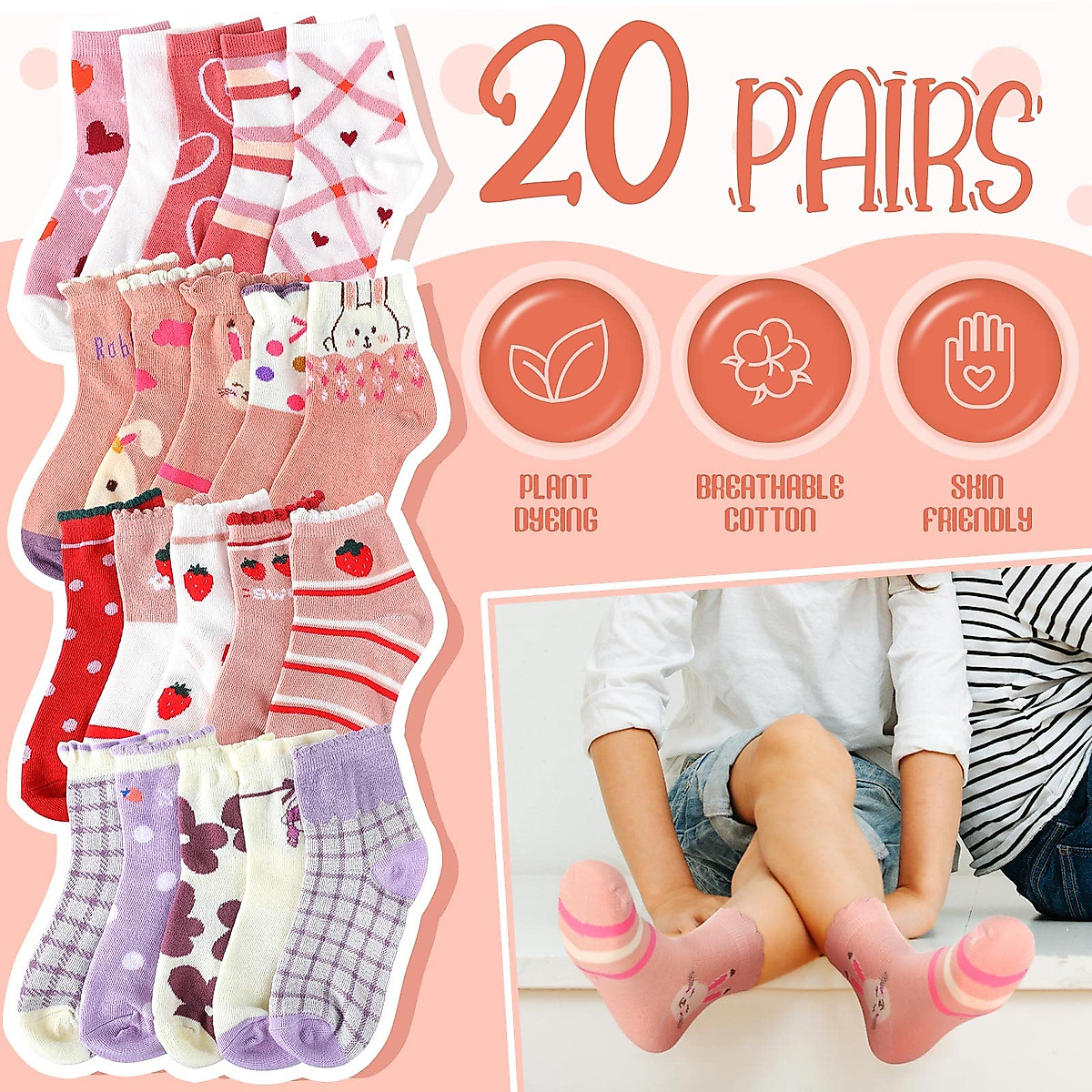 Bencailor 20 Pairs Cartoon Pattern Crew Socks Cute Patterns Ruffle Crew Socks Cotton Cute Socks for Kids Girls (Ages 6-8)