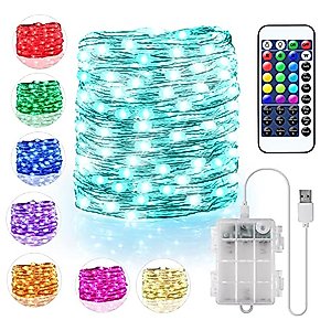 OMIKA 16 Color String Lights Battery Operated & USB Powered, 16.4ft 50 LED Fairy Lights with Remote Timer Waterproof Silver Wire Twinkle Lights for Room Garden Patio Indoor Outdoor Decor(132 Modes)