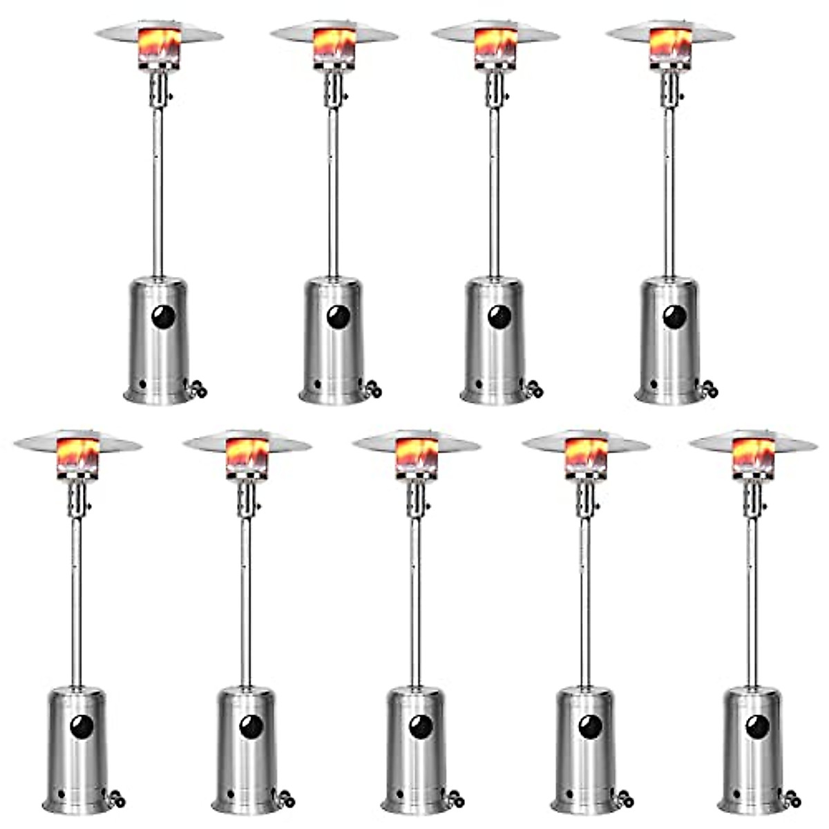 PIONOUS Outdoor Standing Patio Heater with Wheels, Powerful 48,000 BTU for Parties, Camping, Dining, Gardens, Cruises Homes - 9 Set, Silver