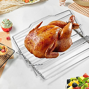 Worparsen Kitchen Chicken Roasting Rack Foldable Roasting Rack Stainless Steel Adjustable Chicken Roasting Rack Foldable V-Shaped Stand for Turkey Chicken Silver
