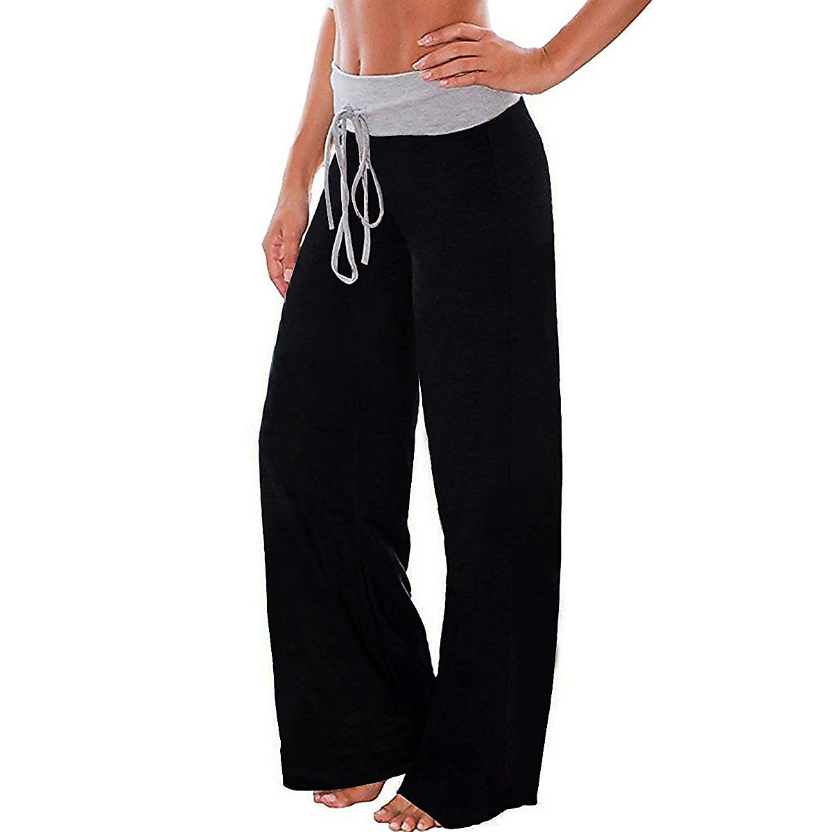AMiERY Womens Pajamas Solid Juniors Wide Leg Palazzo High Waisted Jogger Pants Sleep Lounge Pants Black 2XL