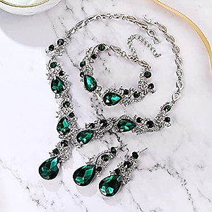 BriLove Wedding Bridal Jewelry for Women Multi Teardrop Cluster Crystal Statement Necklace Dangle Earrings Link Bracelet Set Emerald Color Silver-Tone