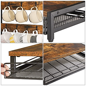 IBUYKE Coffee Pod Drawer, Rustic Coffee Mug Holder Stand, 35 Capsule Capacity, Coffee Station Organizer with Mug Hooks, 2 Tier Countertop Mug Tree Holder Rack TCJ003H
