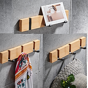 Wooden Coat Hooks, Coat Rack Wall Mounted with 3 Folding Hooks Hat Rack Modern Wall Floating Coat Hook Rack Adhesive & Wall Mounted, Coat Hiden Hooks for Coats, Hats, Scarves, Key Rack Towel Rack