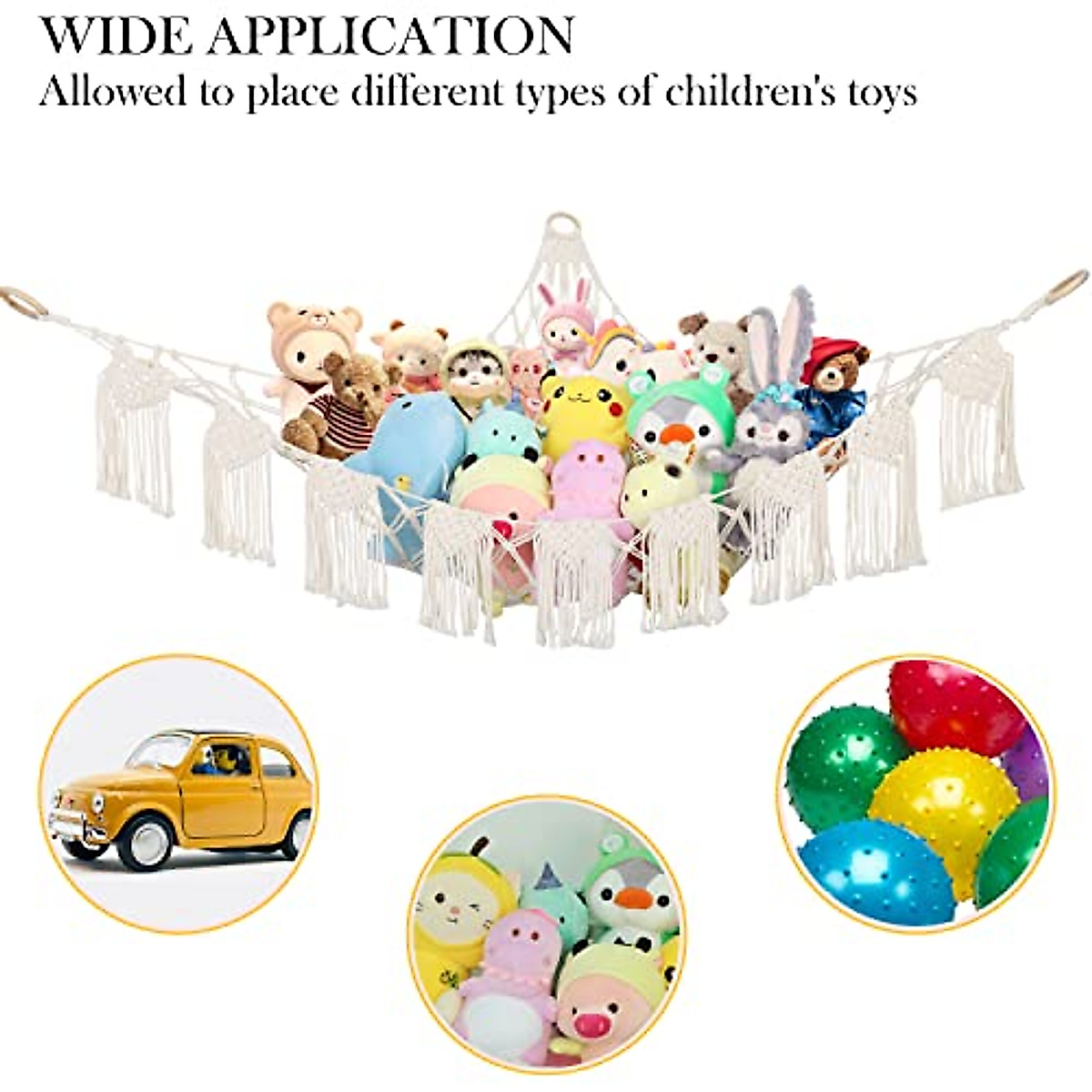 Zeesa Stuffed Animal Net or Hammock, Boho Hanging Net Storage with Macrame, Corner Toy Net Holder for Plush Toys Display, Beige