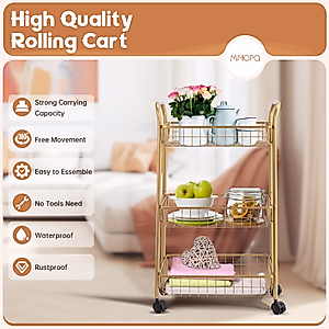 MNOPQ 3 Tier Mesh Rolling Utility Cart, Gold Metal Organization Cart with Lockable Wheels, Multifunctional Storage Trolley Service Cart for Kitchen Living Room Office Salon