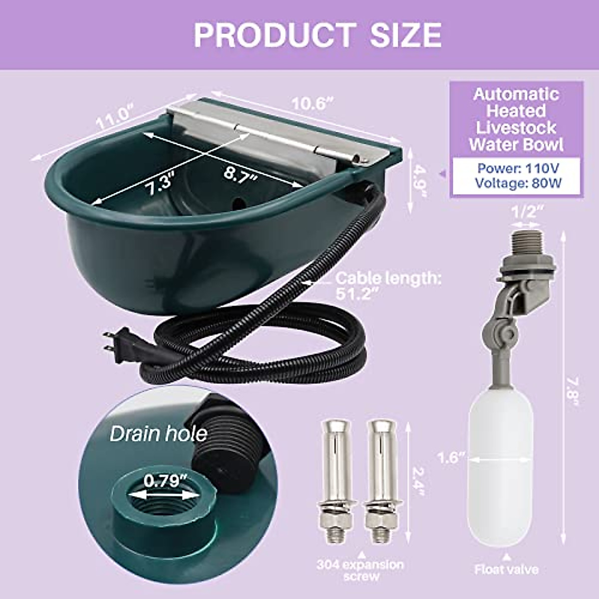 PAULOZYN Heated Livestock Water Bowl Kits Automatic Animals Dog Waterer Trough Outdoors Winter Animals Water Dispenser for Chicken Pet Cattle Horse Pig Cow Goat Sheep, with 2PCS Float Ball Valves