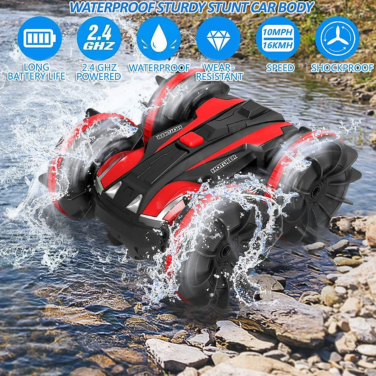 FREE TO FLY Remote Control Car Boat Truck- Amphibious RC Car for Kids 4WD Stunt Cars 2.4Ghz Rotating 360°Offroad Terrain RC Vehicle Water Land Toys for 6 7 8 9 10 11 12 Years Old Boys(red)