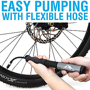 Marque Portable Mini Bike Pump - 120 PSI with Universal Presta and Schrader Valve, High Volume and High Pressure Setting for Road and Mountain Bike Tires (Gray with Hose)