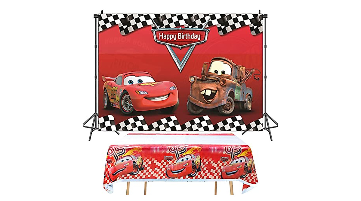 Red Car Racing Birthday Party Backdrop & Tablecloth Set