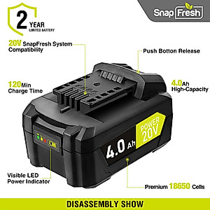 SnapFresh 20V 4.0Ah Li-ion Battery, (Not Compatible with Other Brands), Lithium-Ion Battery Support Fast Charging(BBT-DC40A)