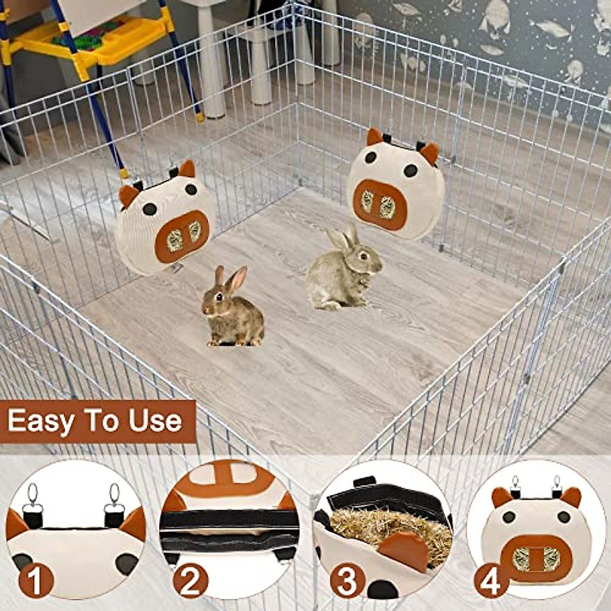 Zhilishu Rabbit Hay Feeder Bag, Hay Feeder for Guinea Pig Timothy Hay Feeder Dispenser Storage with 2 Hanging Hooks for Bunny Small Animal Cage Mess Free (Brown)