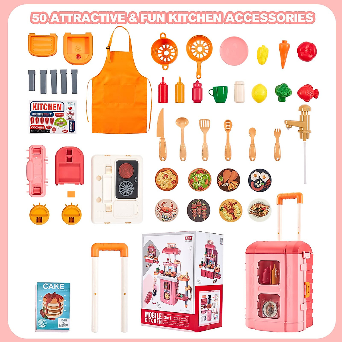 GEIYATOI Kitchen Playset, 3 in 1 Kitchen Pretend Play Toys Travel Suitcase, 49 PCS Realistic Cooking Accessories, Sounds, Lightnd, Running Water, Great Kitchen Toys for Toddlers Kids