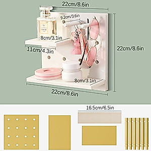 JSF 4 Sets Plastic Pegboard Kit - Decorative Wall Mounted Plastic Floating Shelves for Bedroom, Bathroom, and Kitchen , Pegboard Ledges Organizer,Entryway Organizer with Key Hooks (White)