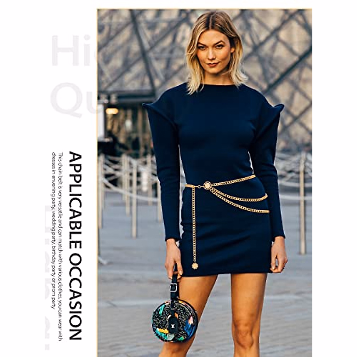 FIORETTO Chain Belt for Women Metal Waist Belts Fashion Multilayer Chain Belts for Dress Sun Gold Length 47in