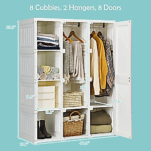 Tangkula Portable Closet Wardrobe, Foldable Clothes Organizer with Cubby Storage, Hanging Rods, Easy Assemble Clothing Storage with Magnet Doors, Folding Bedroom Armoire (8 Cubbies & 2 Rods)