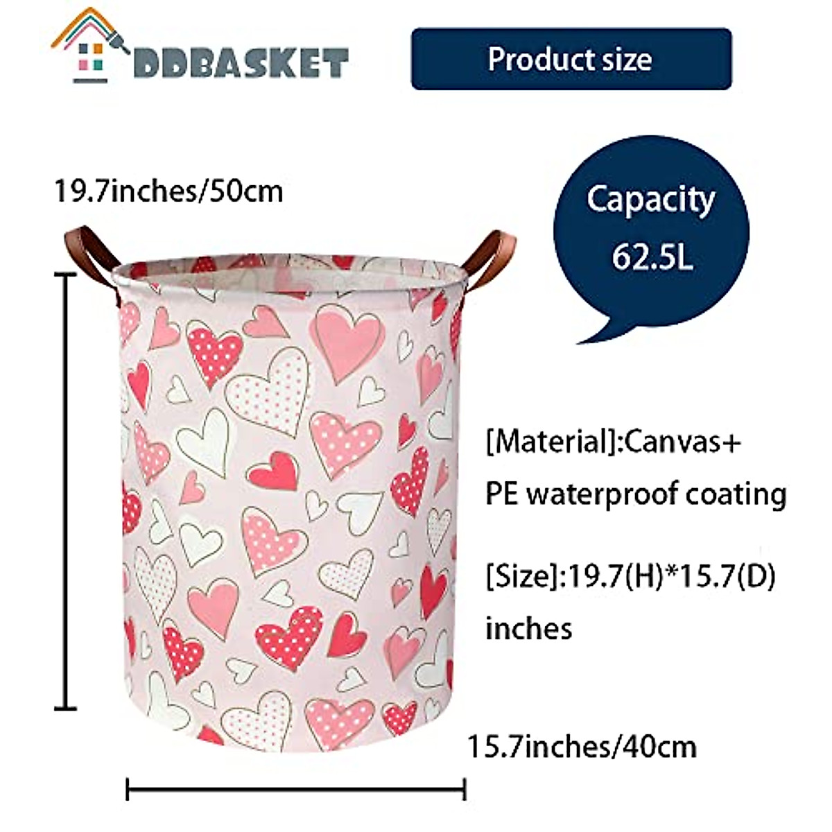 DDBASKET Kids Laundry Basket Baby Hamper Pink Toy Storage Bin Organizer with Handles for Girls,Nursery Hamper(Pink Loves)