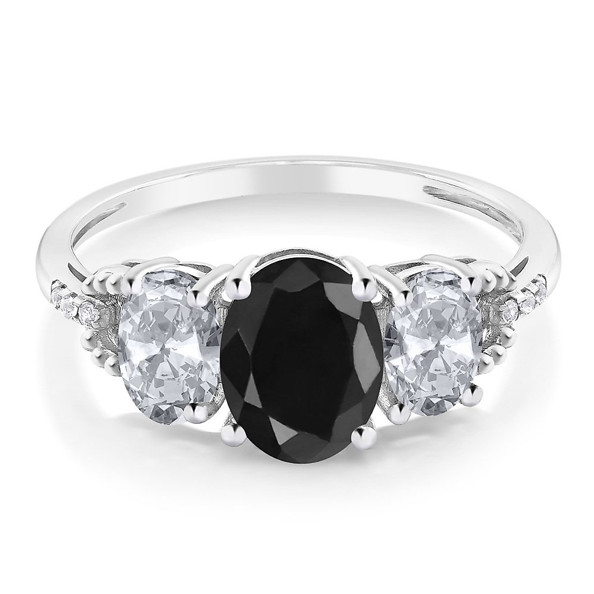 Gem Stone King 10K White Gold Black Sapphire White Topaz and Diamond Accent 3-Stone Engagement Ring | 2.71 Cttw | 3 Stone Wedding Anniversary Promise Ring For Women (Size 8)