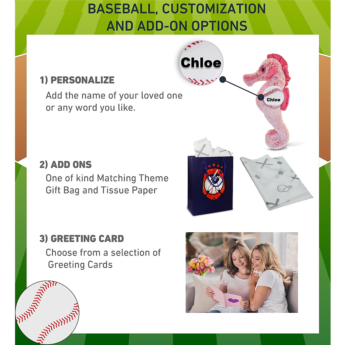 DolliBu Seahorse Stuffed Animal with Baseball Plush - Soft Huggable Seahorse, Adorable Playtime Plush Toy, Super Soft Plush Doll Animal Toy for Kids and Adults - 15 Inch