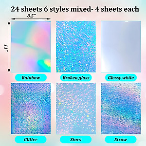 Bleidruck 24 Sheets Printable Holographic Sticker Paper 8.5x 11 inch Vinyl Sticker Paper Rainbow Waterproof Sticker Labels 6 Mixed Style for Inkjet or Laser Printer