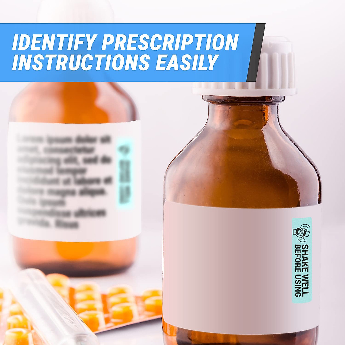 300 Labels - Shake Well Before Using Labels - Teal Green, 1.7 inches x 0.4 inches for Veterinary Care Stickers, Strong Adhesive, Prescription Packages, Pharmacy Bottles, Refrigeration