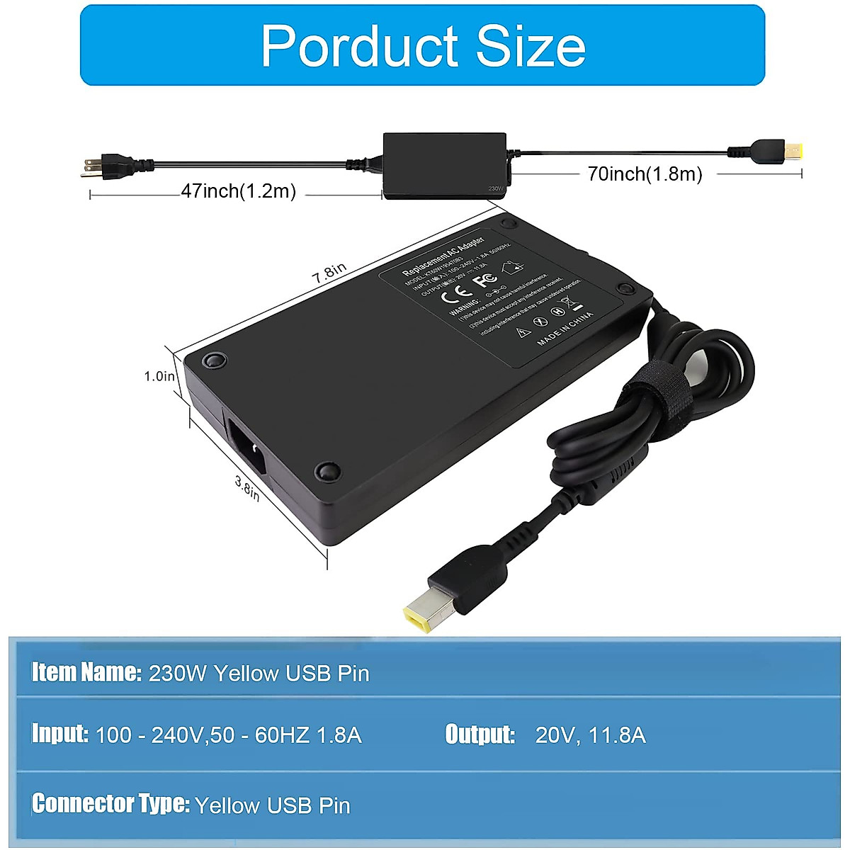 230w Laptop Charger Slim Laptop AC Adapter for Lenovo ADL230SDC3A Legion 5 7 Charger 5-15ARH05H Y540 Y545 Y7000 Y7000P 230W 4X20E75111 for Lenovo ThinkPad P53 P72 Laptop Adapter Power Supply Cord