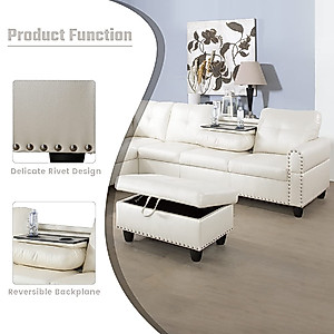 GEBADOL 97" Wide Rivet Designed L-Shaped Sofa Set 3 Pieces Faux Leather Couch and Chaise with Extra Storage Ottoman for Living Room/Office/Apartment (Left-Hand Facing, White)