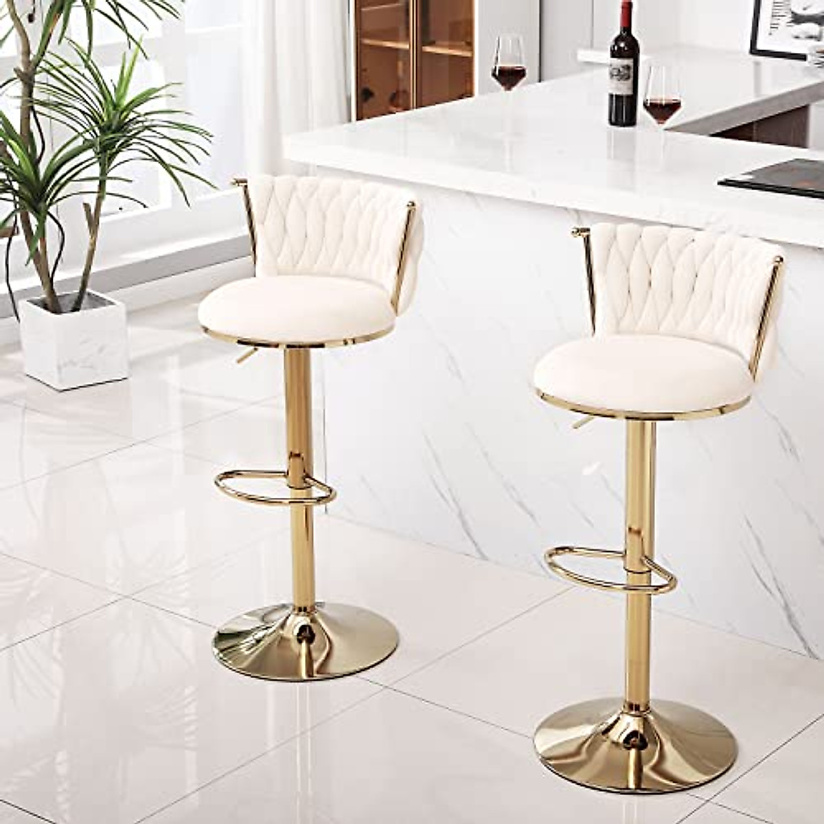 HANLIVES Velvet Bar Stools Set of 4,360° Woven Modern Gold Bar Stools,Swivel Adjustable Height Barstools with Backs Gold Metal Tall Kitchen Counter Chairs for Bar Pub Cafe(Beige*4)