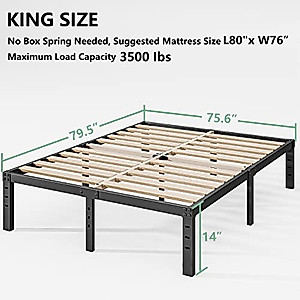 Breezehome King Size Bed Frame with Wide Wood Slats / 14 Inch High Heavy Duty Metal Mattress Foundation/Noise-Free Platform/No Box Spring Needed/Easy Assembly