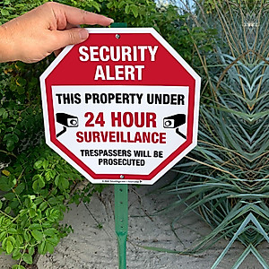 SmartSign 10" x 10" 'Security Alert Property Under 24 Hour Surveillance, Trespassers Prosecuted' Yard Sign with 3 ft Stake, 40 mil Laminated Aluminum, Red/Black/White, Set of 1, USA-Made