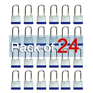 LanuBe Laminated keyed Padlock (1-9/16", 40mm), keyed Alike Locks, Long Shackle,Marked Blue Plastic Hoop, Pack of 24