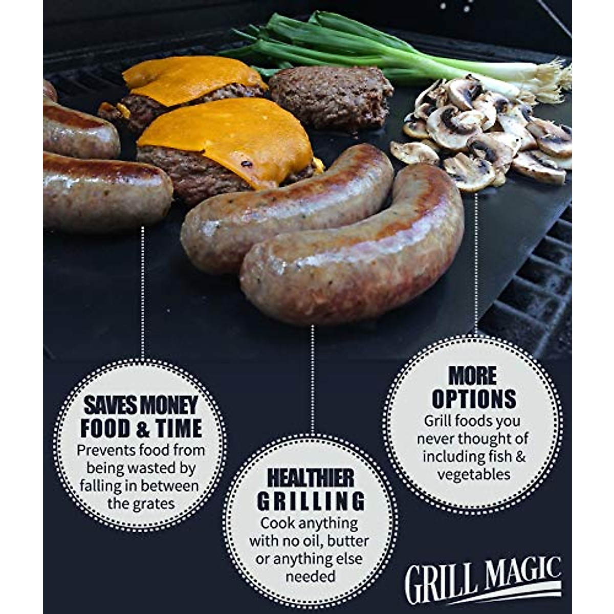 Grill Magic BBQ Grill Mat Set of 3-100% Nonstick Large Grilling Sheets - Heavy Duty Cooking Mats for Outdoor Grill Charcoal, Gas or Electric - Reusable, Extra Thick and Easy to Clean - 15.75 x 13