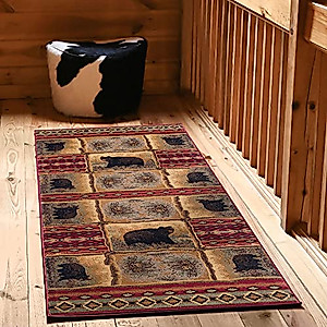 Sierra Bear Novelty Lodge Pattern Red Runner Rug, 2.7' x 7'