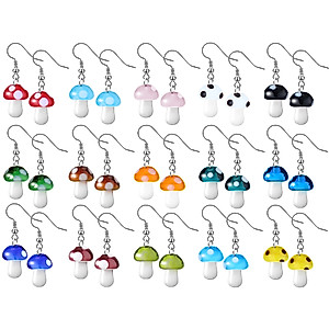 15 Pairs Mushroom Earring for Women Girls Dangle Weird Earrings Creative Handmade Jewelry Glass Mushroom Pendant Drop Earrings Charm Accessories Colorful Funny Food Sweet Fresh