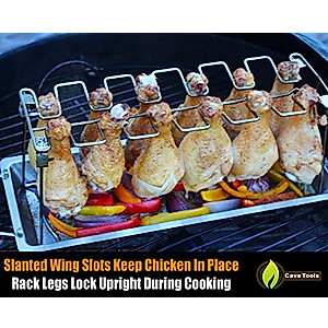 Cave Tools Chicken Wing & Leg Rack for Barbecue Grill Smoker or Oven - Stainless Steel Vertical Roaster Stand & Drip Pan/Grill Grease Tray for Cooking Vegetables in BBQ Juices - Dishwasher Safe
