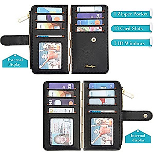 Badiya Credit Card Holder for Women RFID Blocking Slim Wallet Bifold Multi Card Case Zipper Pocket with 3 ID Window