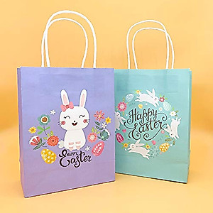 20 Pieces Happy Easter Day Treat Bags with Handles Large Goodie Gift Bags Recycled Cardboard Bags for Kids School Classroom Party Favor Supplies Decor Bunny and Eggs Easter Basket Containers