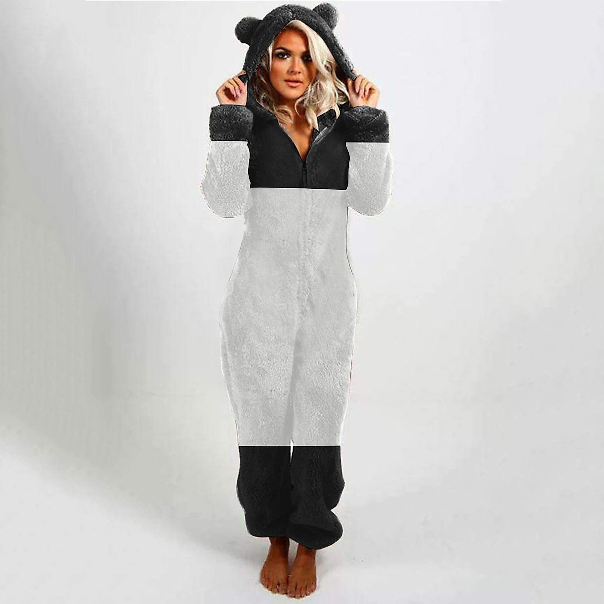 Aniywn Adult Onesie Pajamas for Women with Hood Sherpa Fleece Winter Homewear Cute Ears Animal Costume Plush PJS Sleepwear