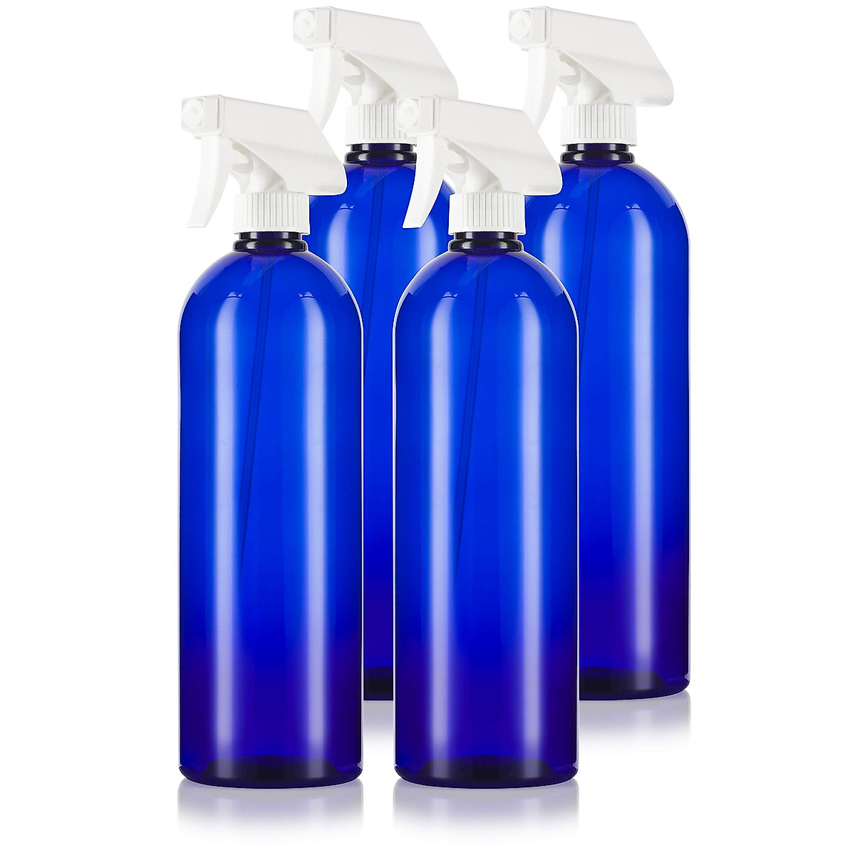 JUVITUS 32 oz Cobalt Blue Boston Round Plastic Bottles with White Heavy Duty Industrial Trigger Sprayer (4 Pack)