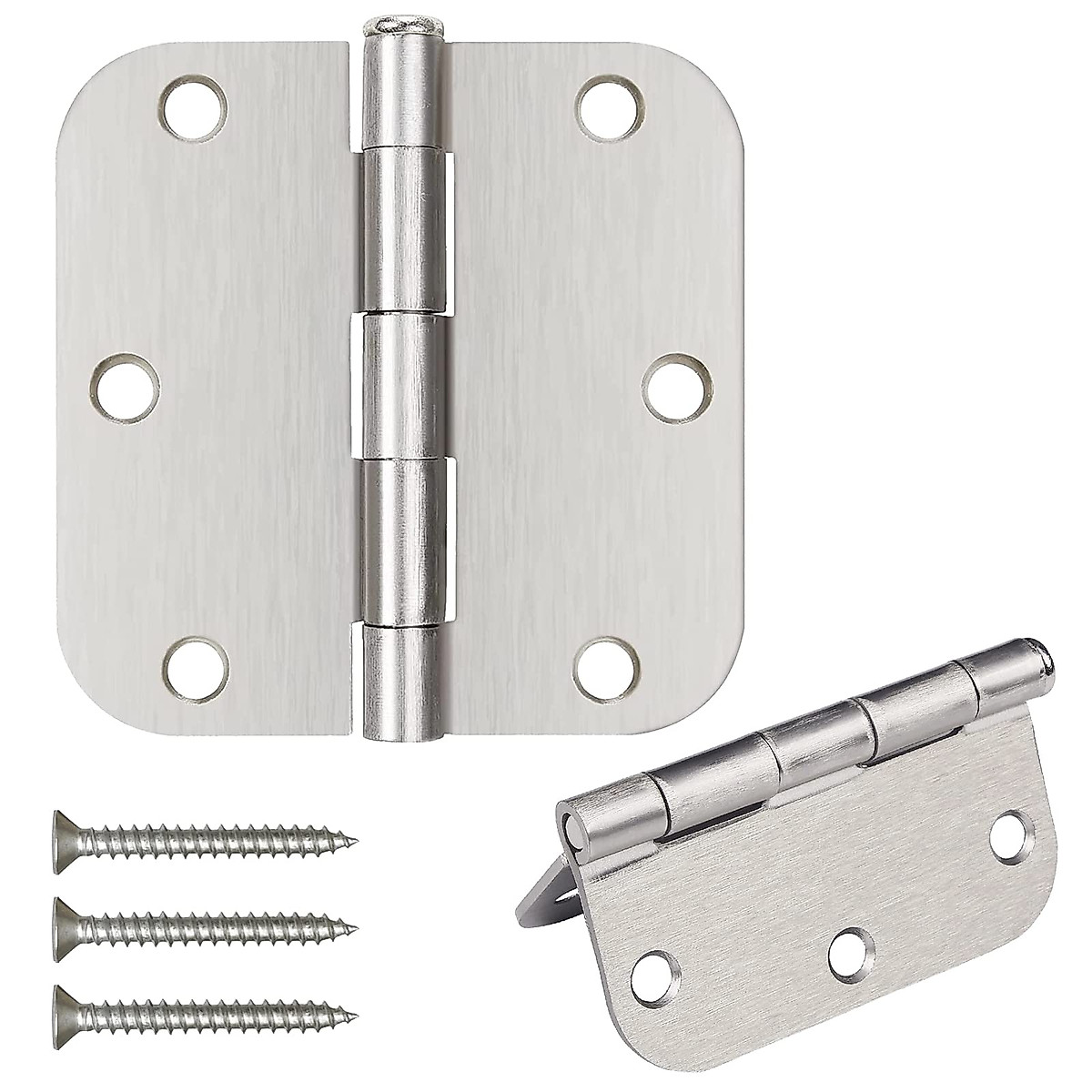 Door Hinges, Brushed Nickel 3.5 x 3.5 Inch Interior 3 1/2 Inch Silver Door Hinges Rounded 5/8" Radius Corners Iron Bifold Residential Hinges for Doors Hardware (3 Pack)