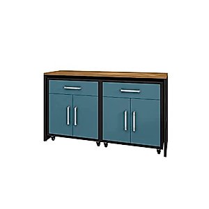 Manhattan Comfort Eiffel Garage Work Station Set of 3 Matte Black and Aqua Blue