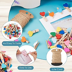 Pandahall 100Pcs Wooden Heart Clothespins Mini Photo Clips Photo Paper Pegs Clips Mixed Color Clothes Pins Holiday Card Holder Display with 10.9 Yards Jute Twine