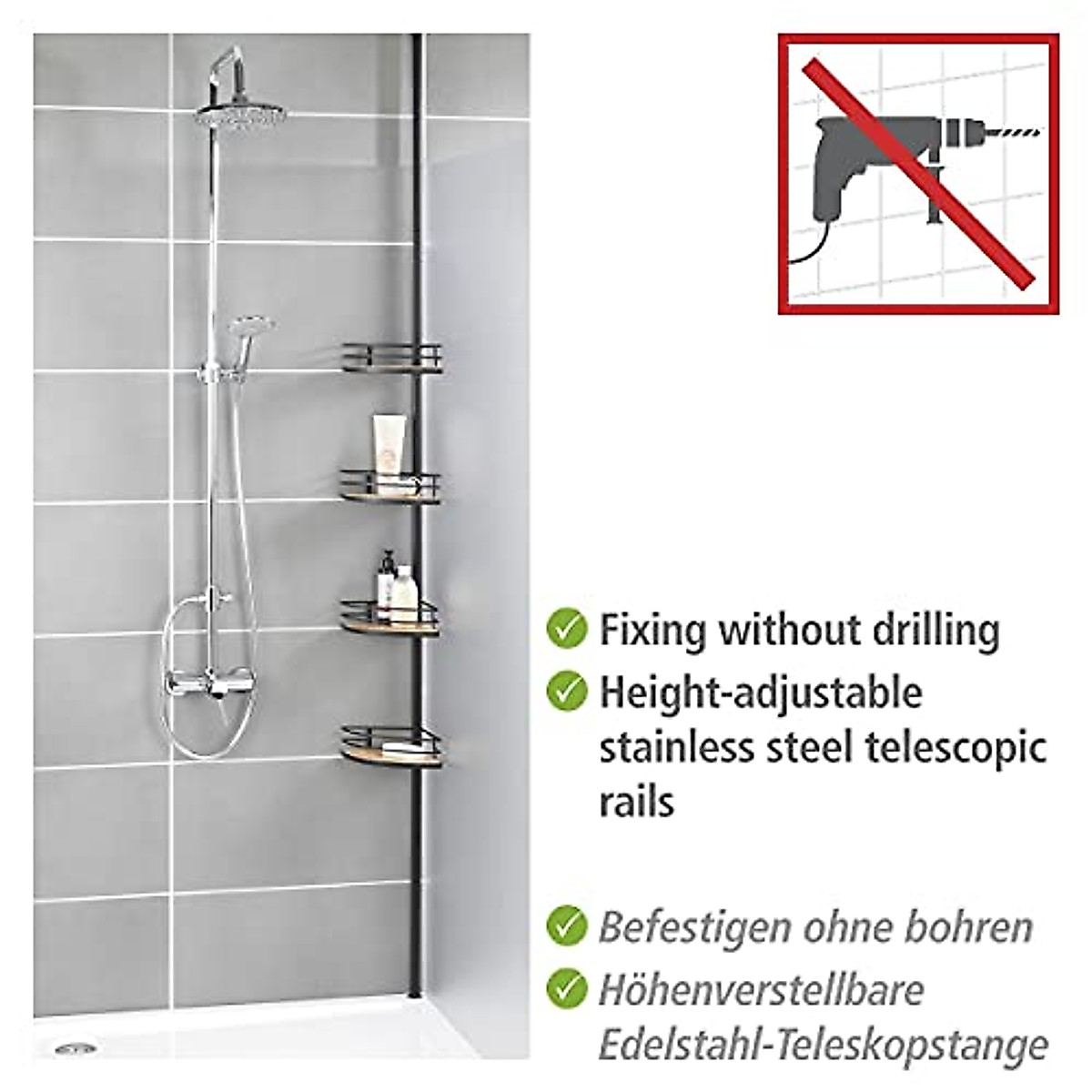 WENKO Dolcedo Corner Bamboo and Stainless Steel Telescopic Bathroom Shower Shelf Height Adjustable with 4 Shelves, Black/Natural, 31 x 65-275 x 23 cm