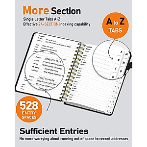 WEMATE Spiral Address Book with Alphabetical Tabs, Leather Password Book, Address Organizer Telephone Notebook Journal Keep Contact Safe Hardcover Large Print for Seniors Home Office 5.8″×8.2″, Black