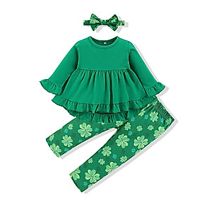 bilison Toddler Baby Girls St.Patrick's Day Clothes Long Sleeve Ruffle Dress Top and Pant With Headband Todder Girl 2Pcs Outfit Sets
